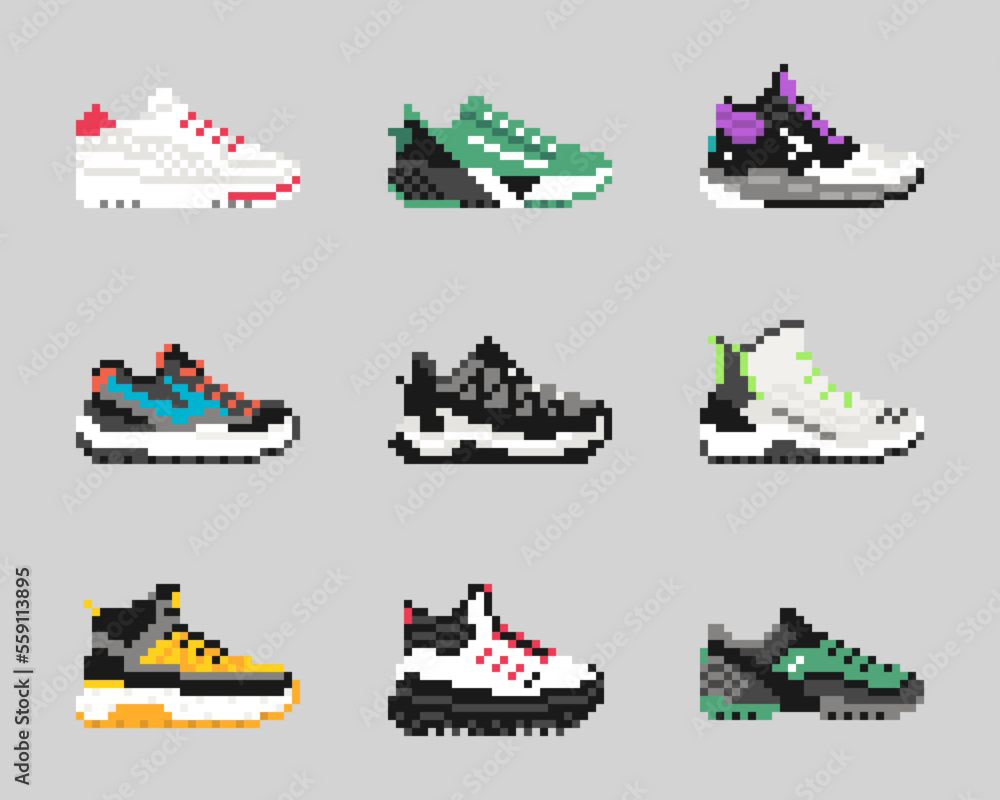 Pixel sneaker icons set. Footwear design for logo, sticker, games, web ...
