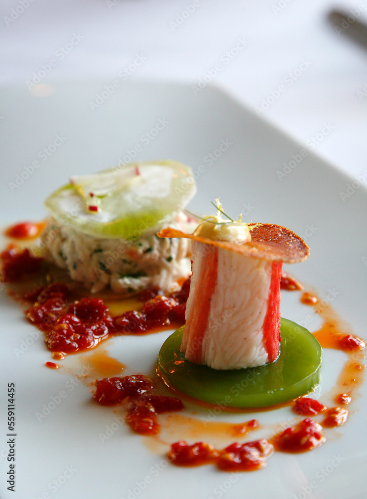 Starter dish of King crab salad and roll at the upmarket Kampa Park ...
