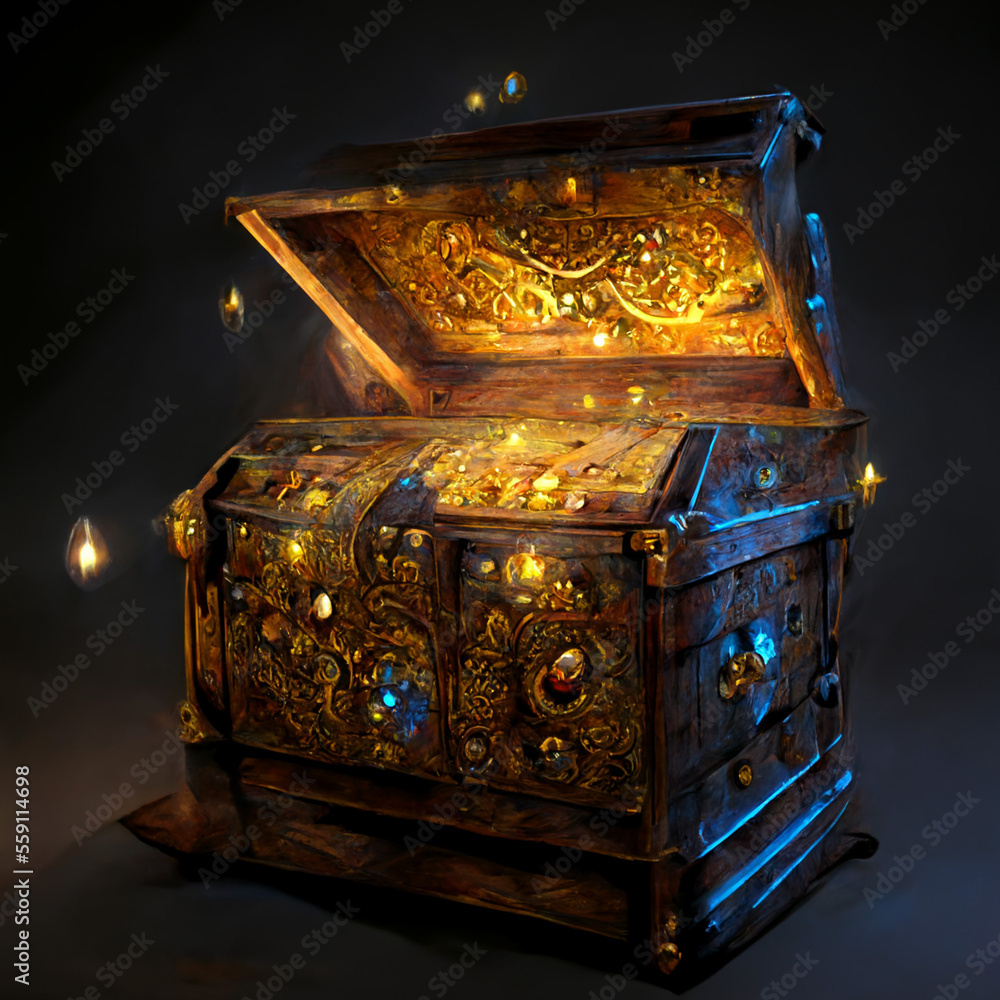 wooden treasure chest, treasure chest with gold, chest, black ...