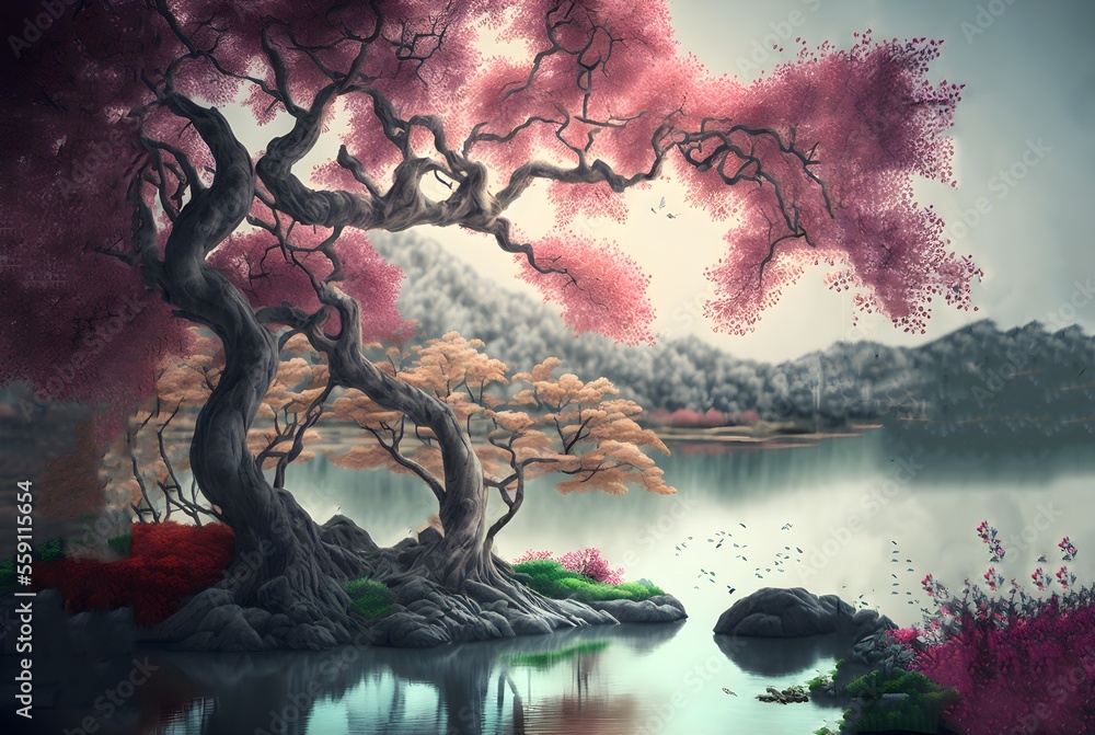 Spiritual Tree by the lake. Misty landscape. Tree with birds in the ...