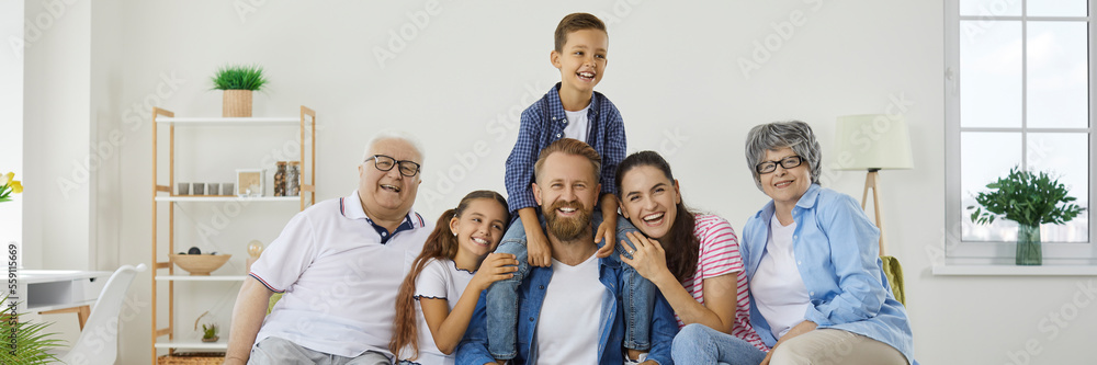 Happy multigenerational family. Group portrait of joyful multi ...