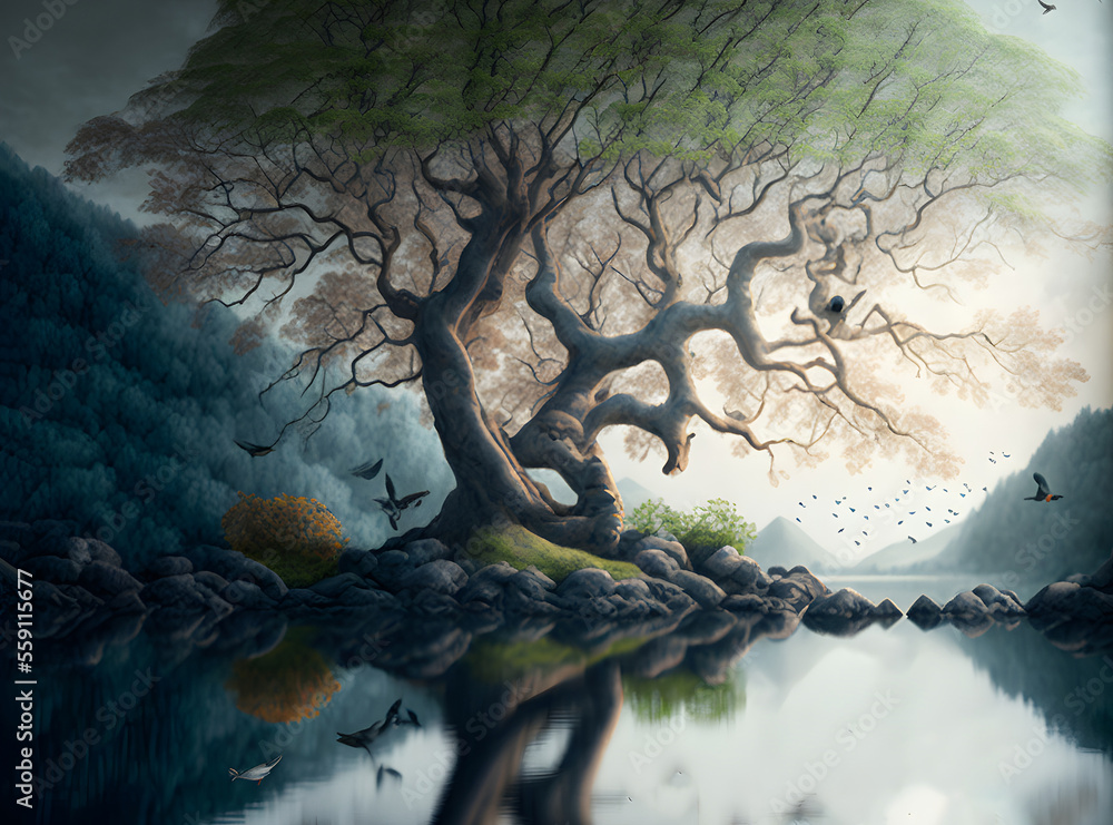 Spiritual Tree by the lake. Misty landscape. Tree with birds in the ...