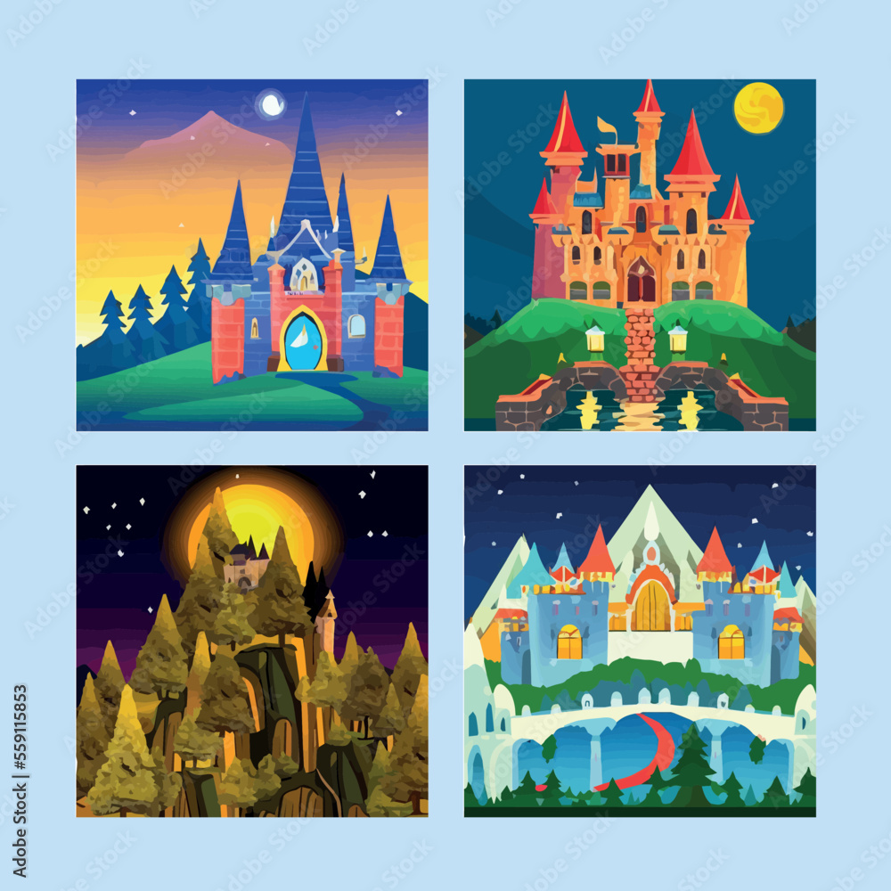 Medieval castle towers. Fairy tail appearance, king-fortress and ...