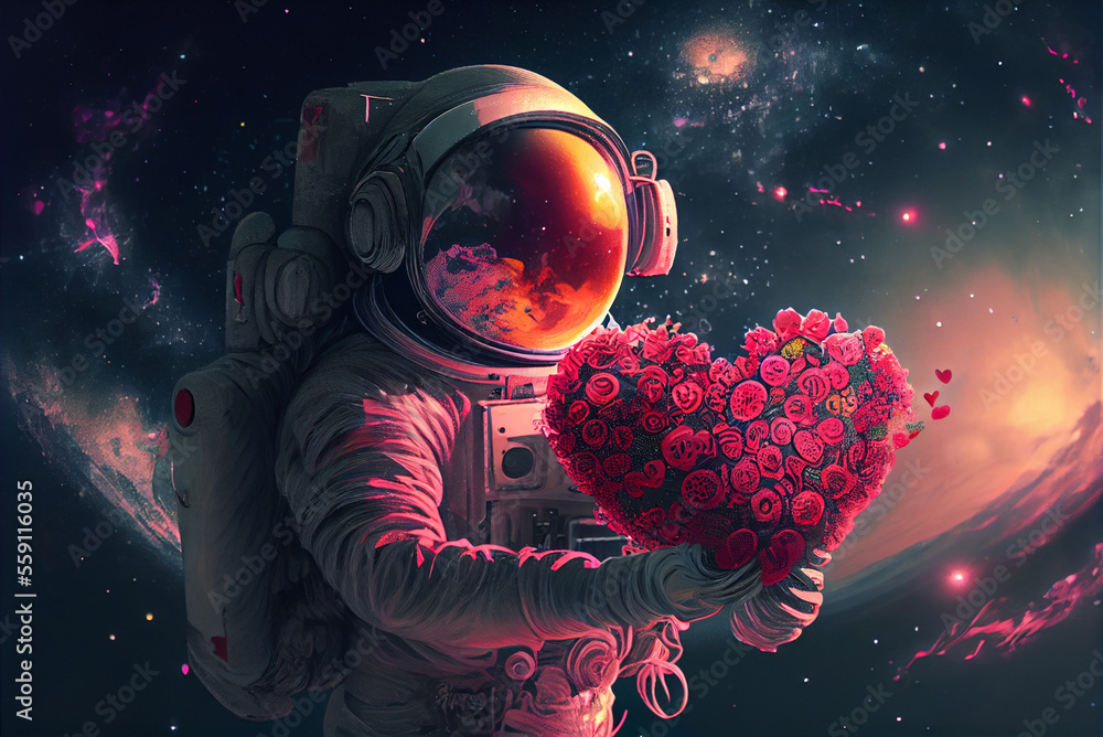 Happy Valentine's Day, greeting card. An astronaut in outer space ...