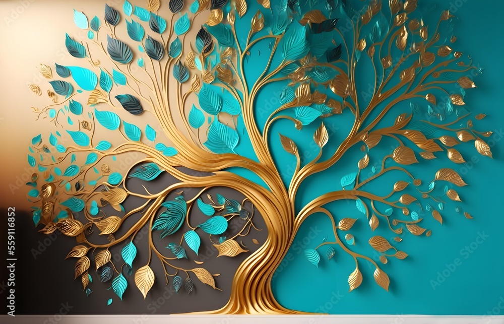 colorful tree with turquoise, blue and brown leaves in the drawing ...