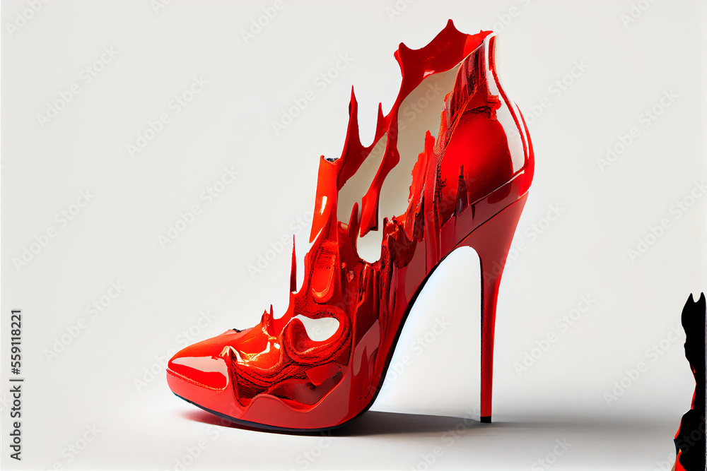 Melting women's shoes with high heels. Red shoes on a white background ...