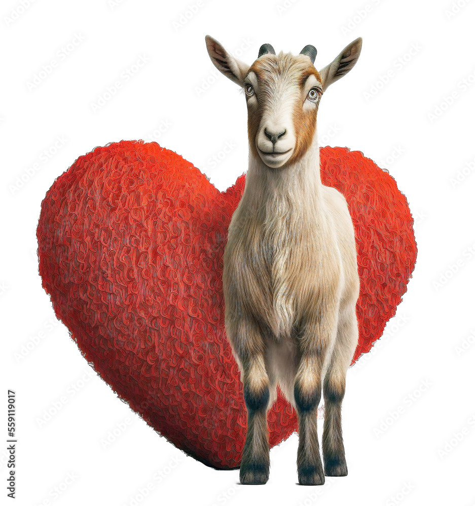 Cute adorable goat holding a red valentine heart isolated on a ...