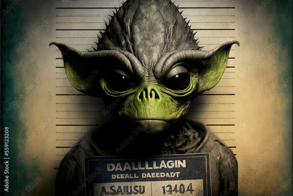 black Humanoid Alien Identification Plate in front of Police Lineup or ...