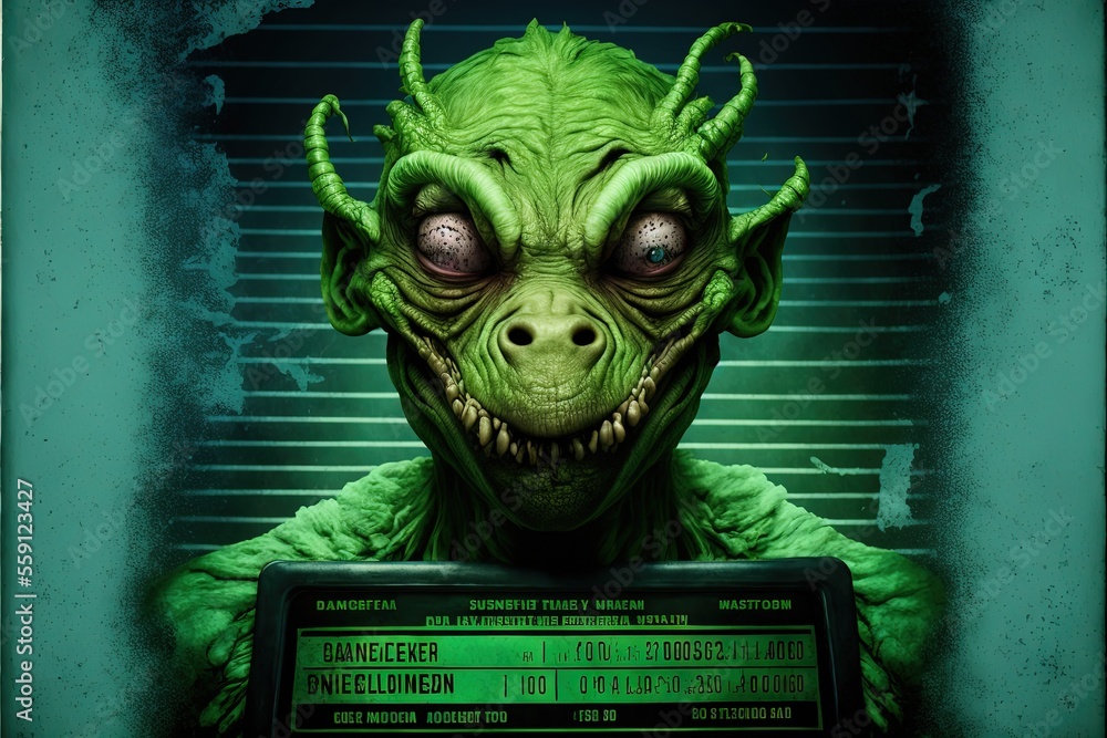green Humanoid Alien Identification Plate in front of Police Lineup or ...