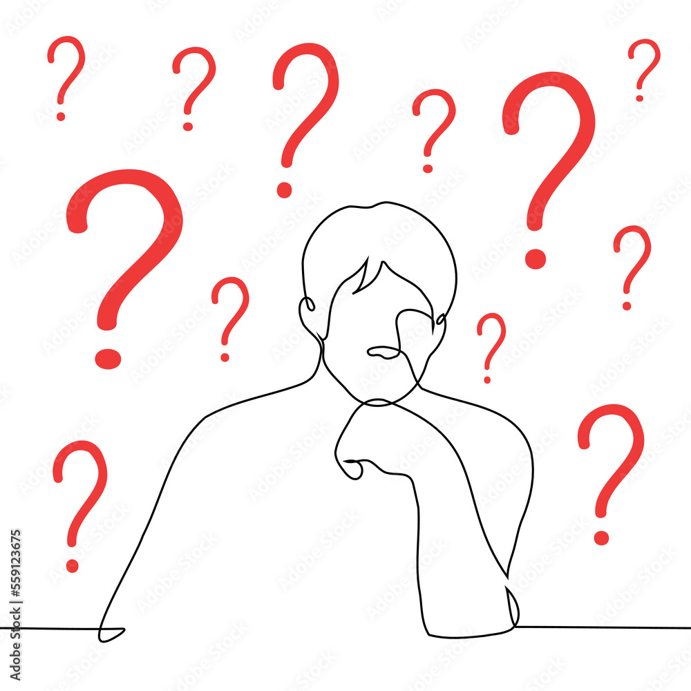 puzzled man sitting surrounded by question marks - one line drawing ...