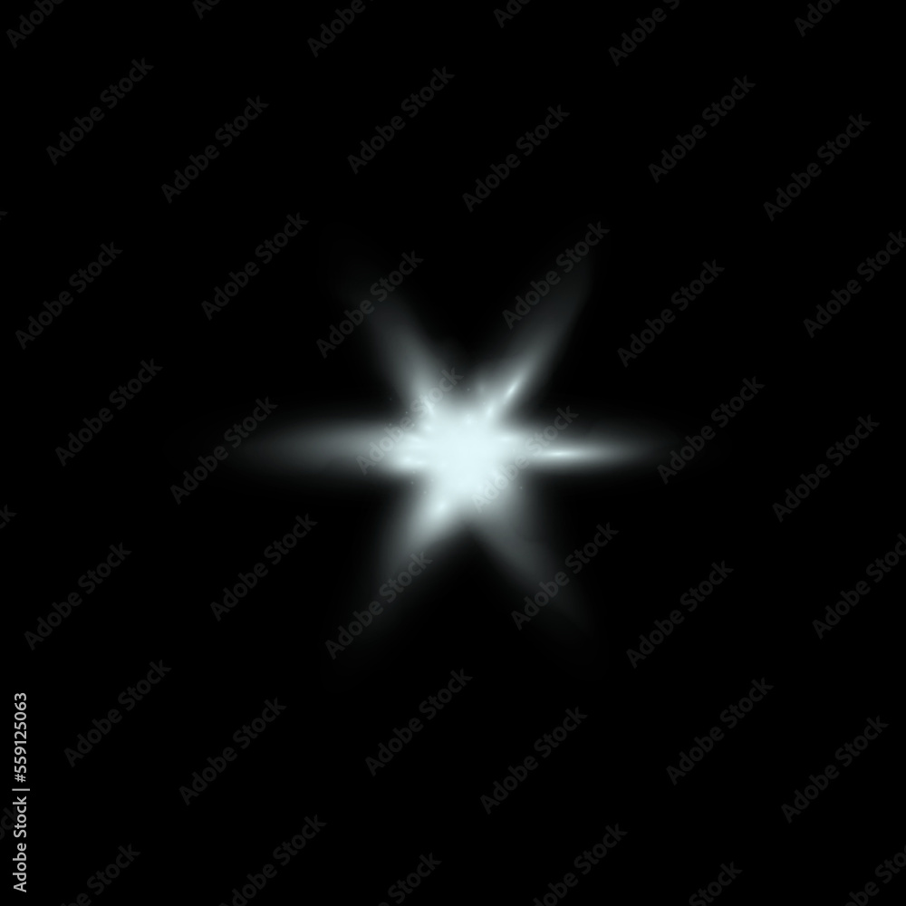 Transparent bright star isolated on black background. Sparkling realistic white, light effect ...