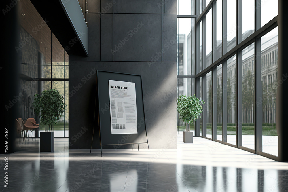 Lobby of a dark gray office building with a glass wall, concrete floor ...