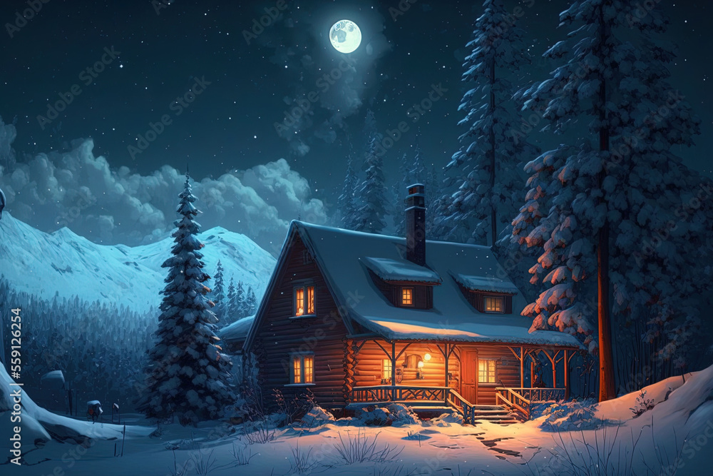 Cabin for a Holiday Night in the Winter. Winter country Imaginary ...