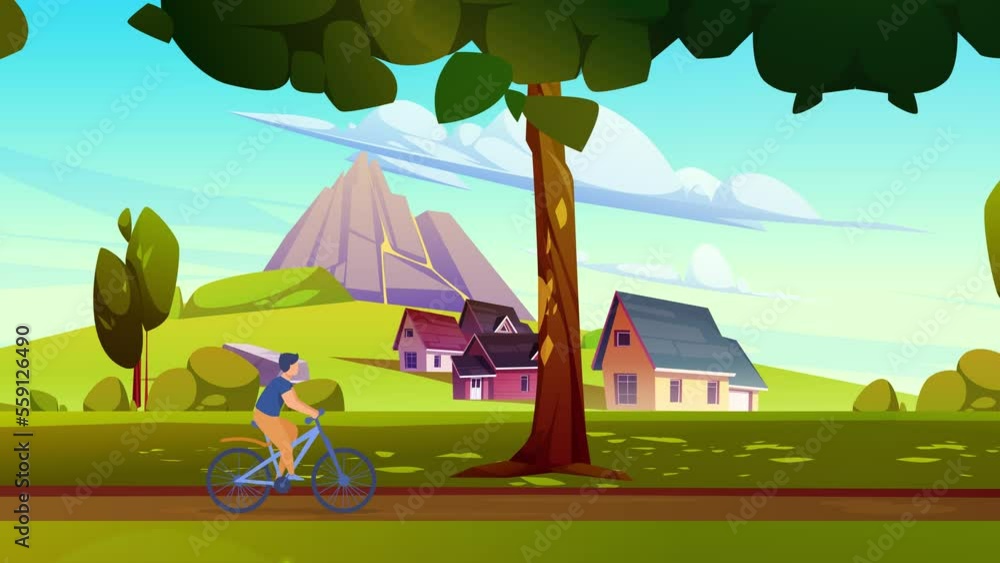 2D animated graphics. A boy riding a bicycle in the beautiful nature ...