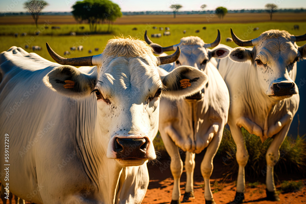 Cattle neighing on the farm field. Generative AI Stock Illustration ...