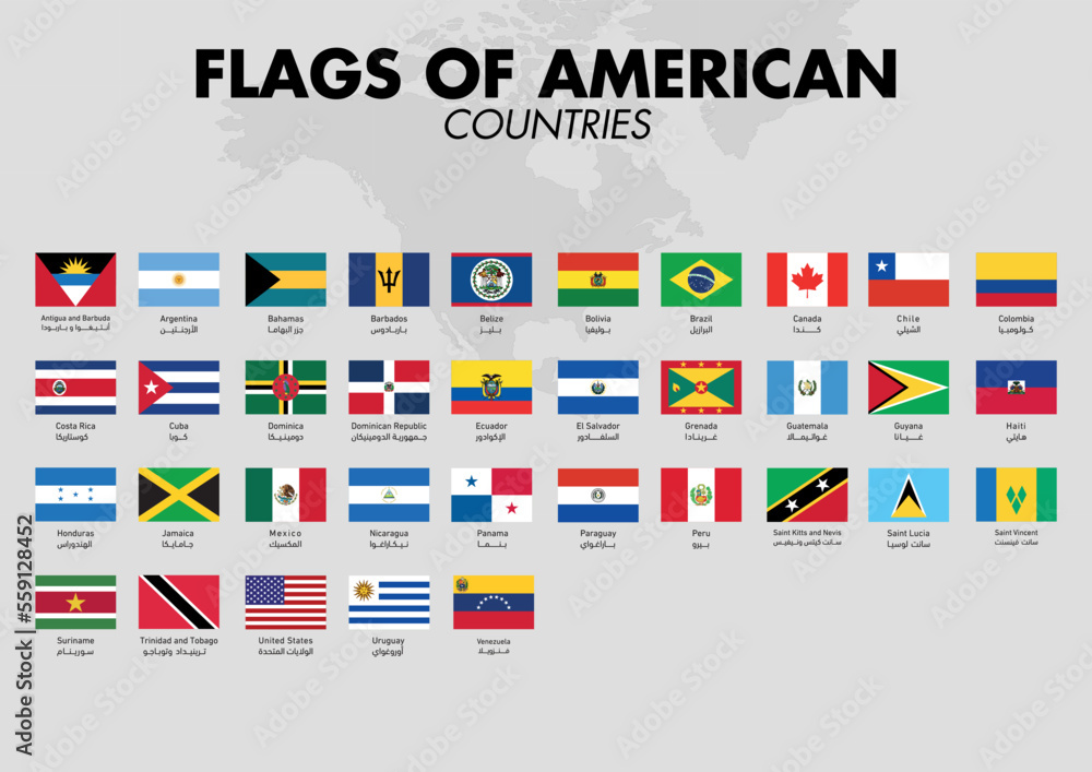 American countries Flags with country names and a map on a gray ...