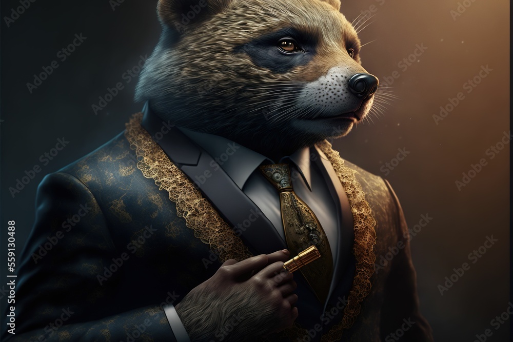 raccoon in gangster look wearing a three-piece suit with golden chain ...