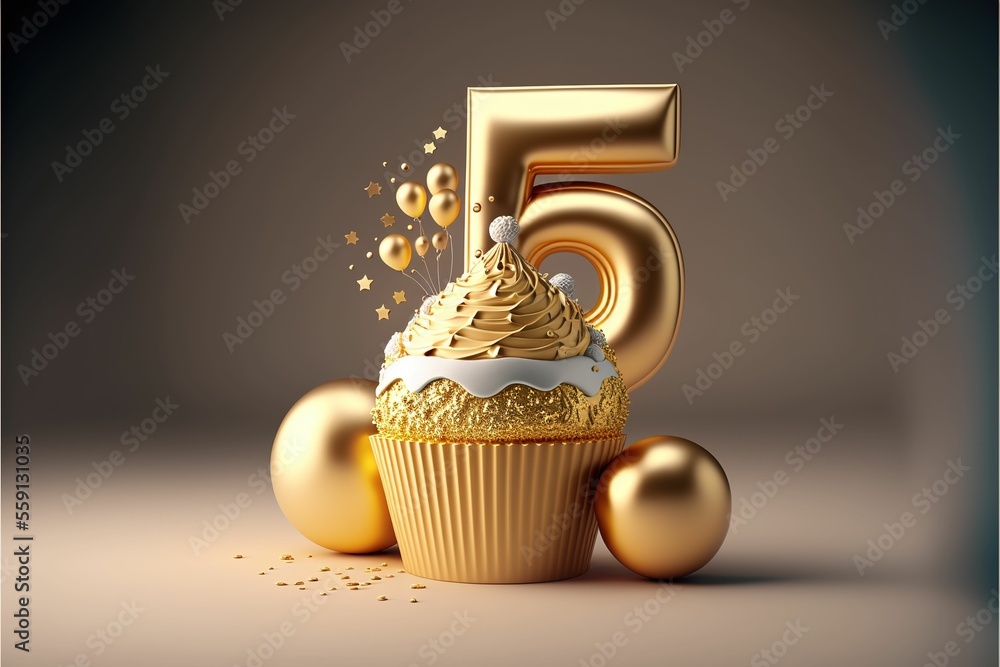 5th birthday cupcake with a candle and golden balloon. birthday cake ...