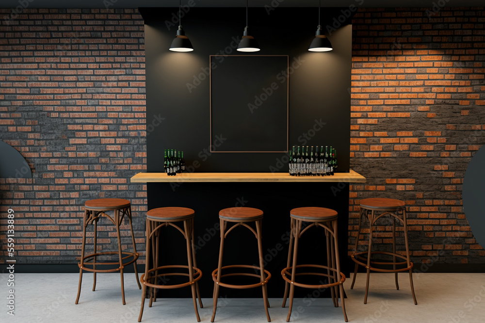 Bar interior in brick and black with concrete floor, bar with stools ...
