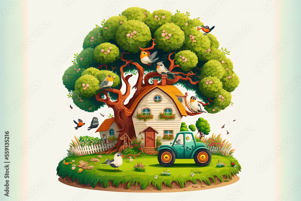 Cartoonish image of a farm with a tractor. A nest of birds is perched ...