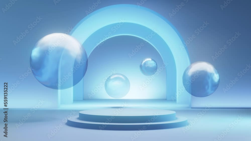 blue podium with liquid water bubble ball animation, arch tunnel ...