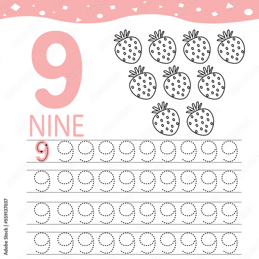 Kids learning material. Card for learning numbers and paint strawberry ...