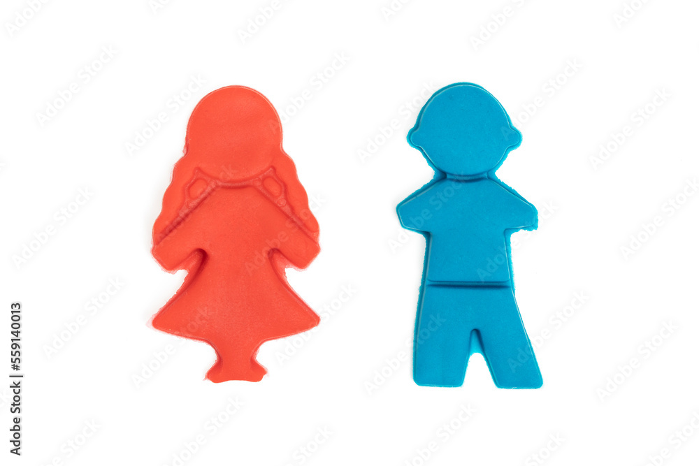 Plasticine boy and girl isolated on white background. Choosing between ...