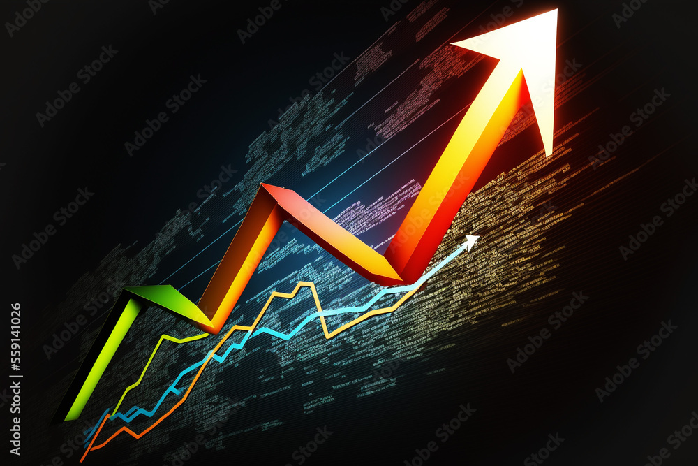 Vivid, strong rising and growing up arrow on a abstract chart ...