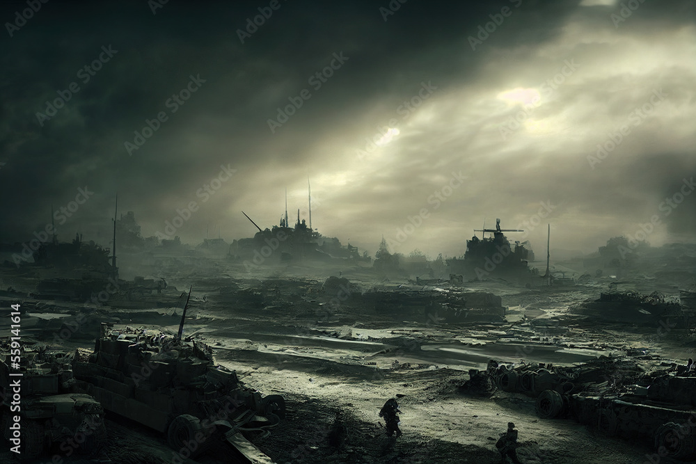 Splendid art of apocalyptic ruined landscape devastated by war ...