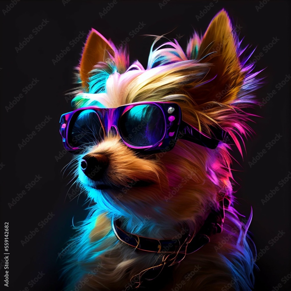 synthwave adorable puppy, cyberpunk mods, mowhawk, black background ...