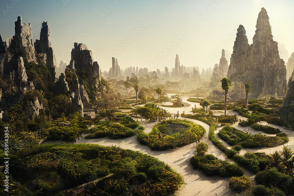 Fictional park in ancient Hanging Garden of Babylon as digital ...