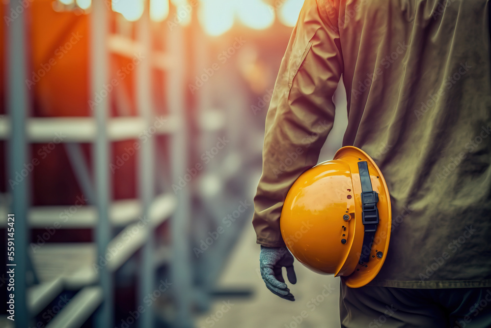 An construction worker is holding white safety helmet or hardhat with ...