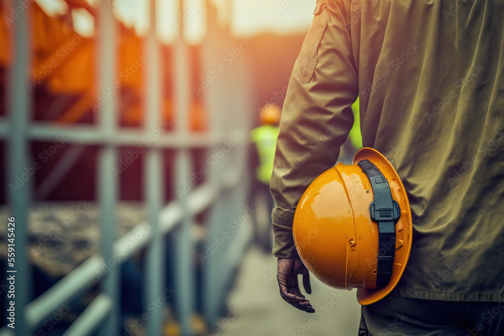 An construction worker is holding white safety helmet or hardhat with ...