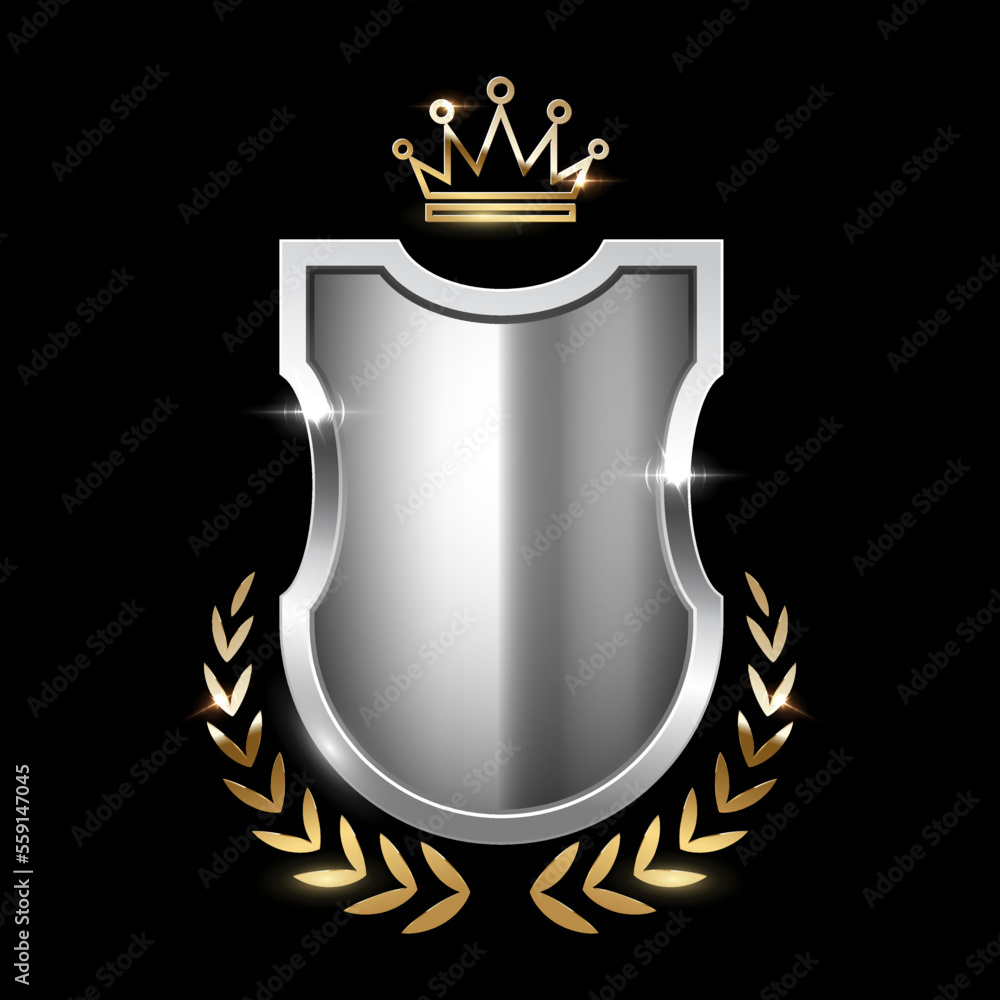 Silver shield with gold crown and laurel wreath. Metal heraldic emblems ...