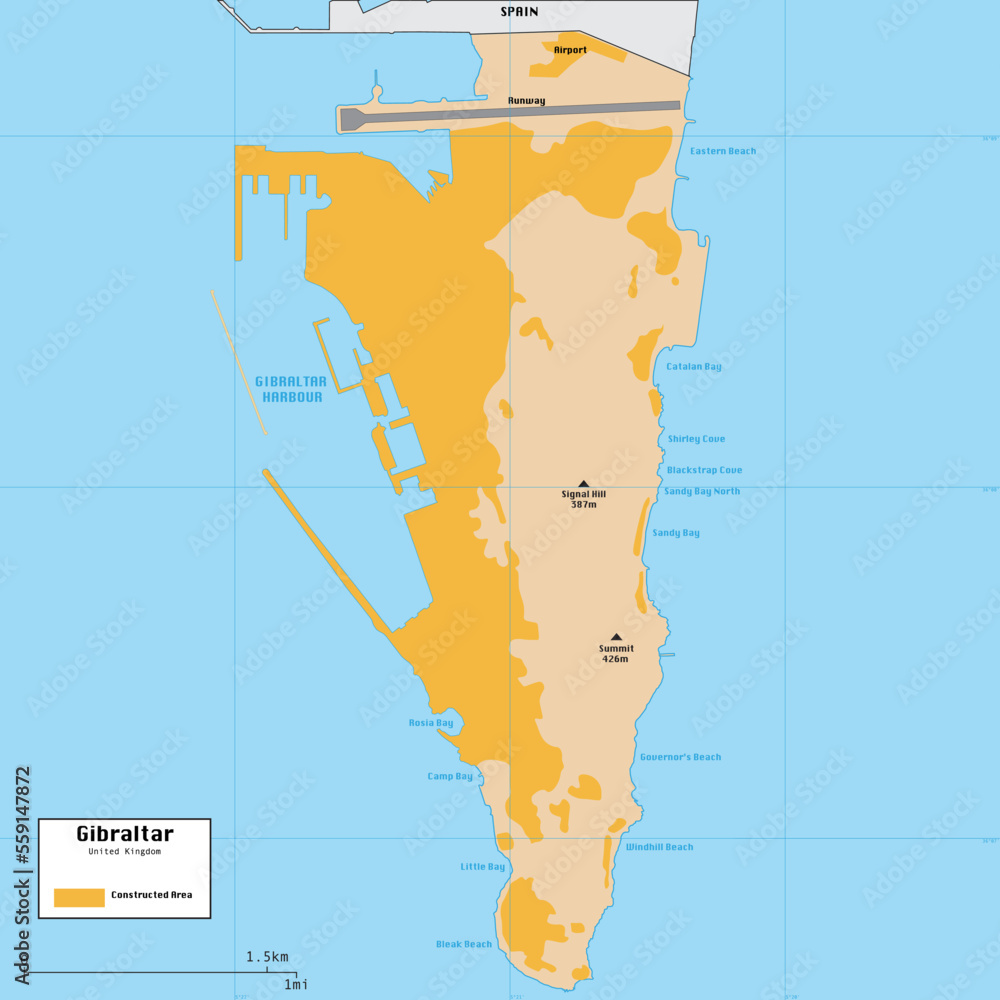 Detailed coastal map of Gibraltar with constructed areas and the ...