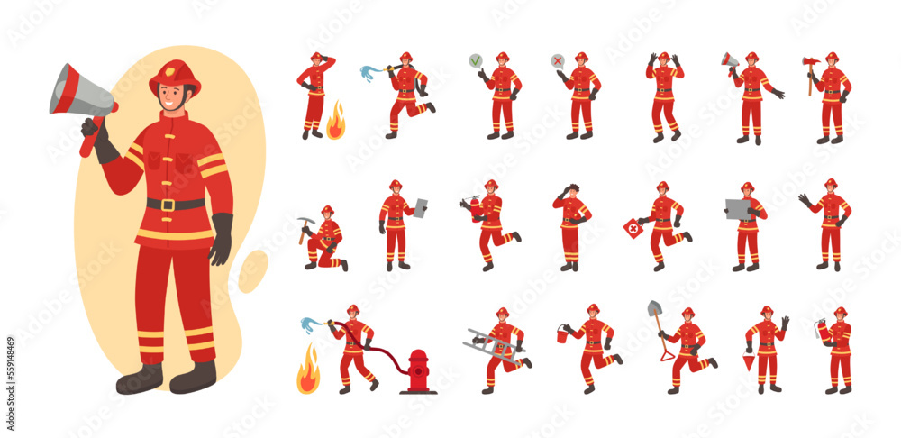 Firefighter set, fireman characters in different poses in hat and ...