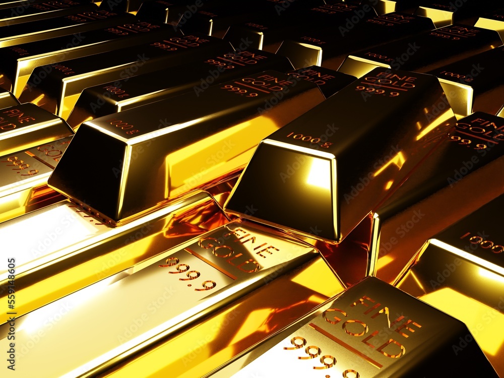 Pure gold bullion bars in bank vault storage. 1kg 999,9 Fine Gold bar ...