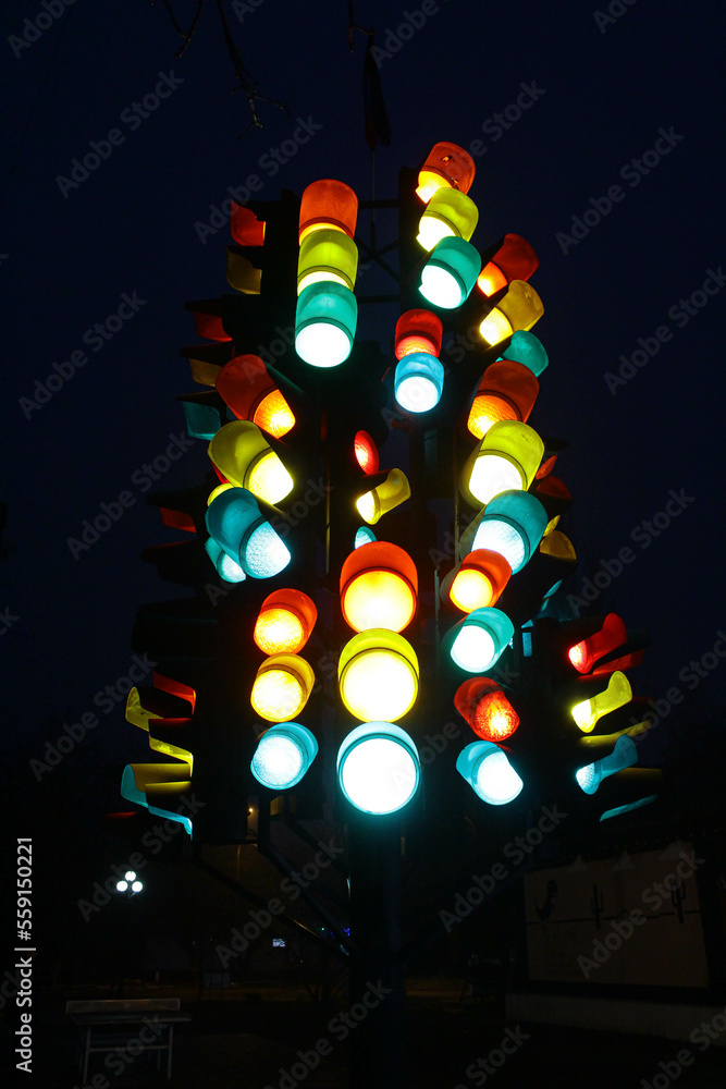 traffic lights on the street. big traffic light. a burning traffic ...