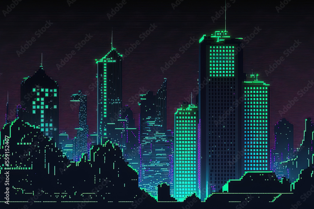 Nighttime cityscape neon pixel background with stars and high rise ...