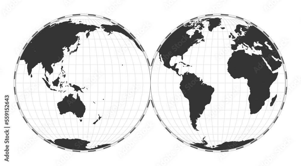Vector world map. Mollweide projection interrupted into two (equal-area) hemispheres. Plain ...