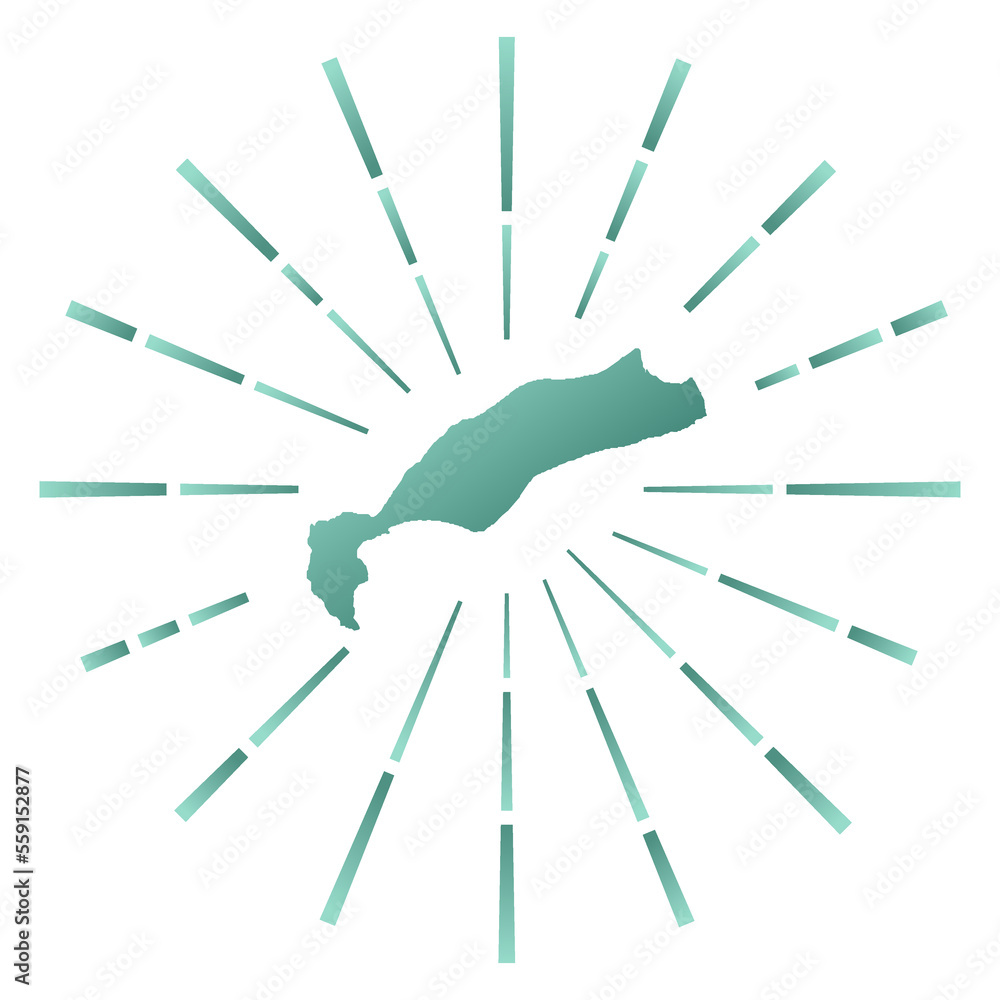 Kos gradiented sunburst. Map of the island with colorful star rays. Kos ...