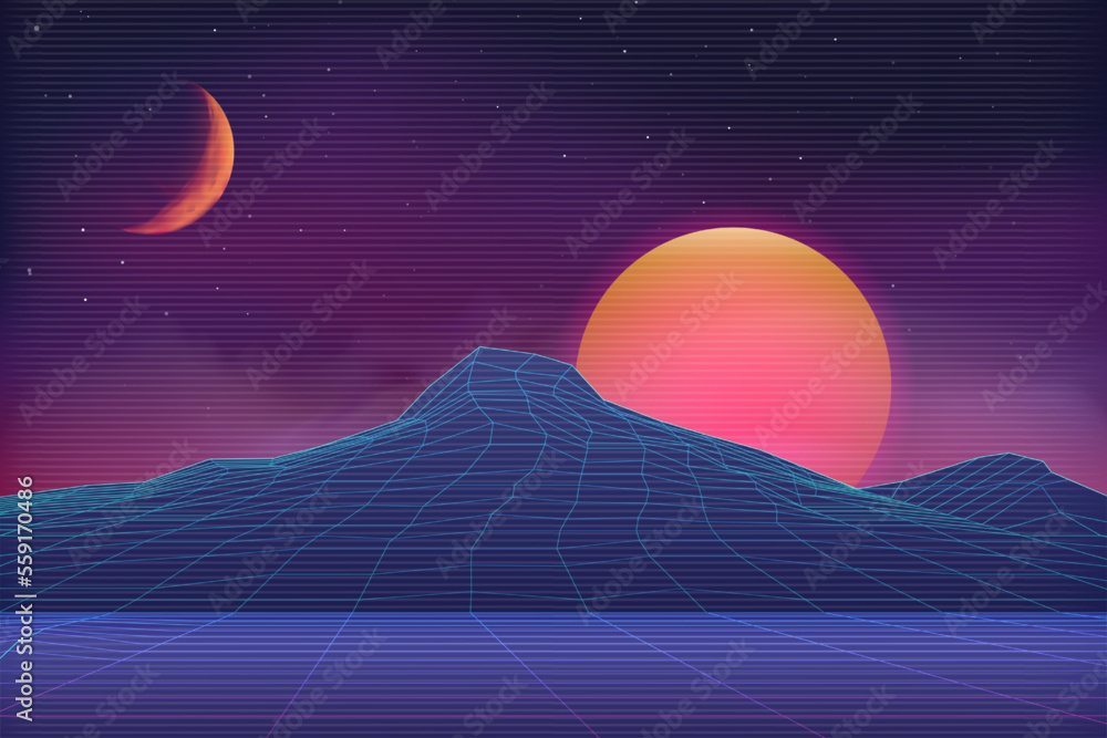 Retro 80s background, neon glowing sun and moon, game space. 90s ...