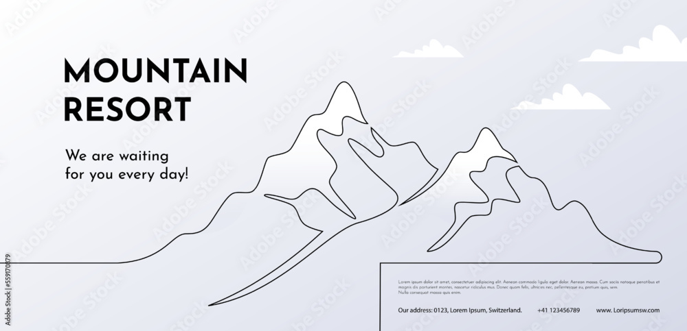 Mountain resort. One line rocky panorama. Ski landscape. Alps adventure ...