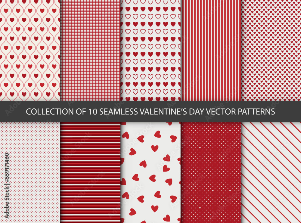 Set of 10 different seamless patterns. Romantic red backgrounds for ...