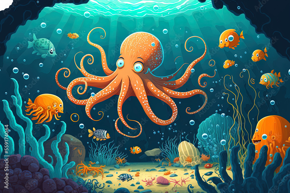 Ocean scene with a gigantic octopus, fish, and rocks. Cartoon depicting ...