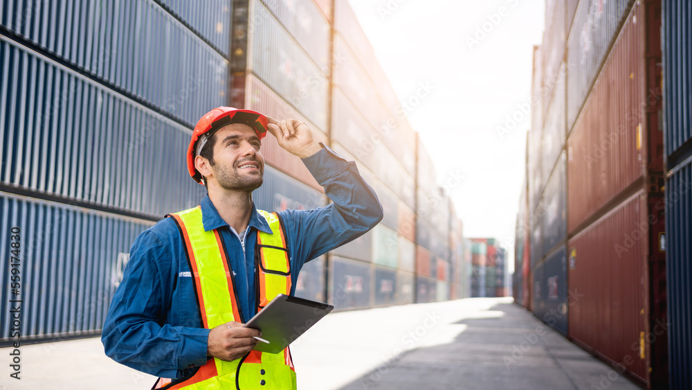 Engineer or foreman checking inventory or task details at container ...