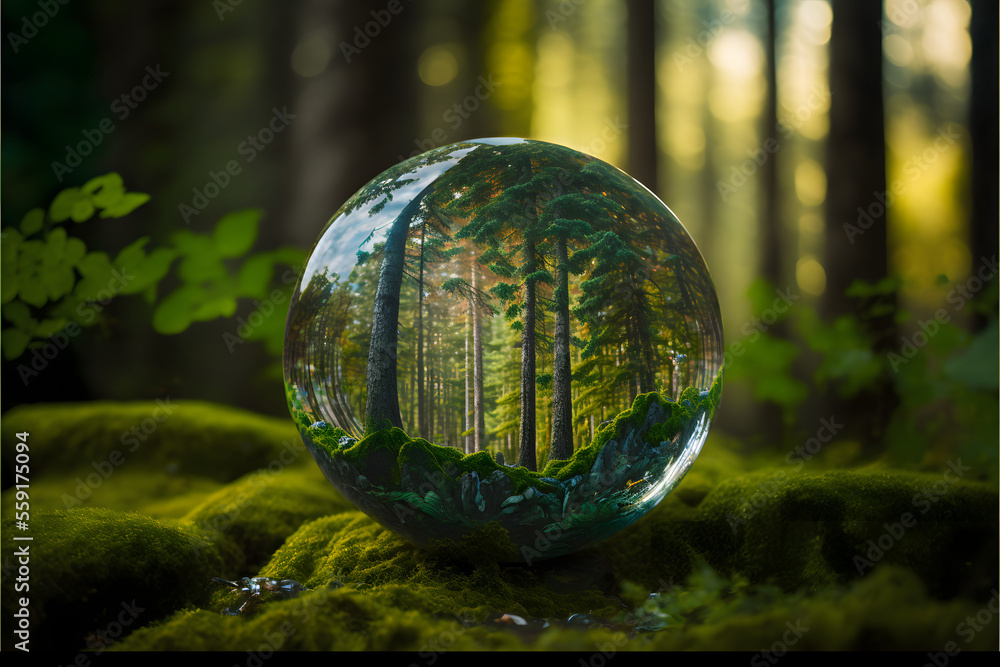 glass marble sphere earth in a forest background, illustration digital ...