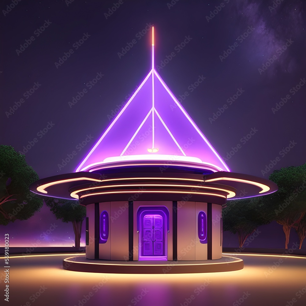 pentagonal indigenous temple kiosk with purple neon beams in outer ...