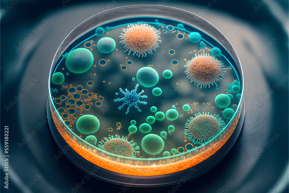 Macro close up shot of bacteria and virus cells in a scientific ...