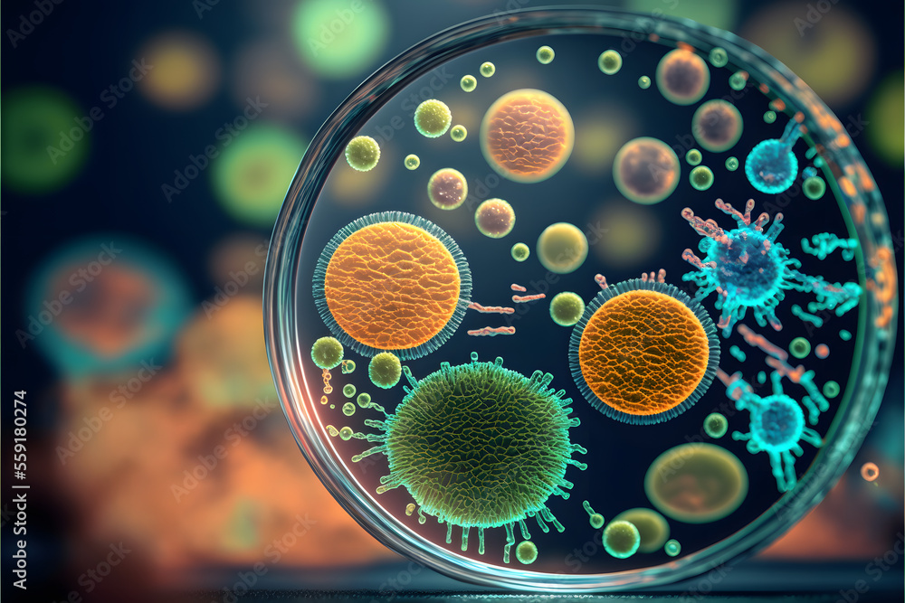 Macro close up shot of bacteria and virus cells in a scientific ...